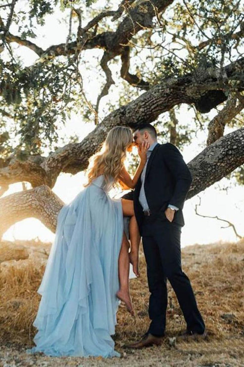 Thigh Split Sky Blue Rustic Beach Wedding Gown With Court Train Evenin ...