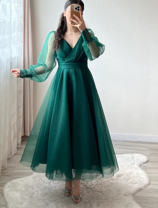A-Line Cocktail Dresses Minimalist Dress Christmas Tea Length Long Sle ...