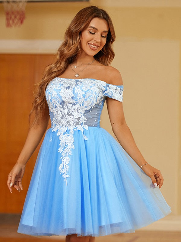 A-Line/Princess Tulle Lace Off-the-Shoulder Short Sleeves Short/Mini D ...