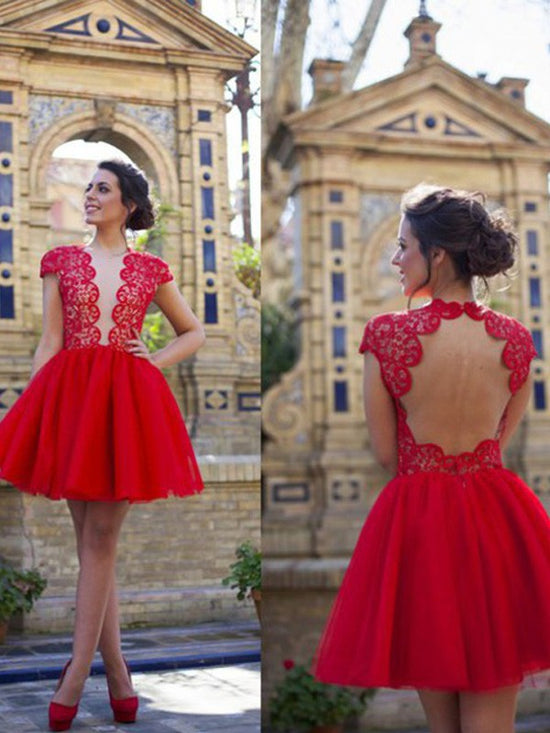 A-Line/Princess Short Sleeves Scoop Lace Short/Mini Tulle Dresses ...